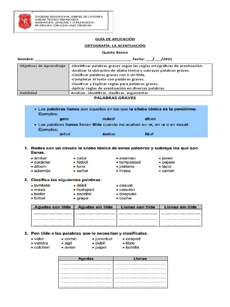 Regla de Acentuación en Palabras Graves | PDF | Artes del Lenguaje y ...