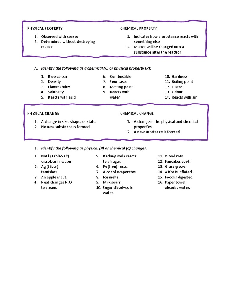 Physical and Chemical Properties Worksheet | PDF | Water | Chemical ...