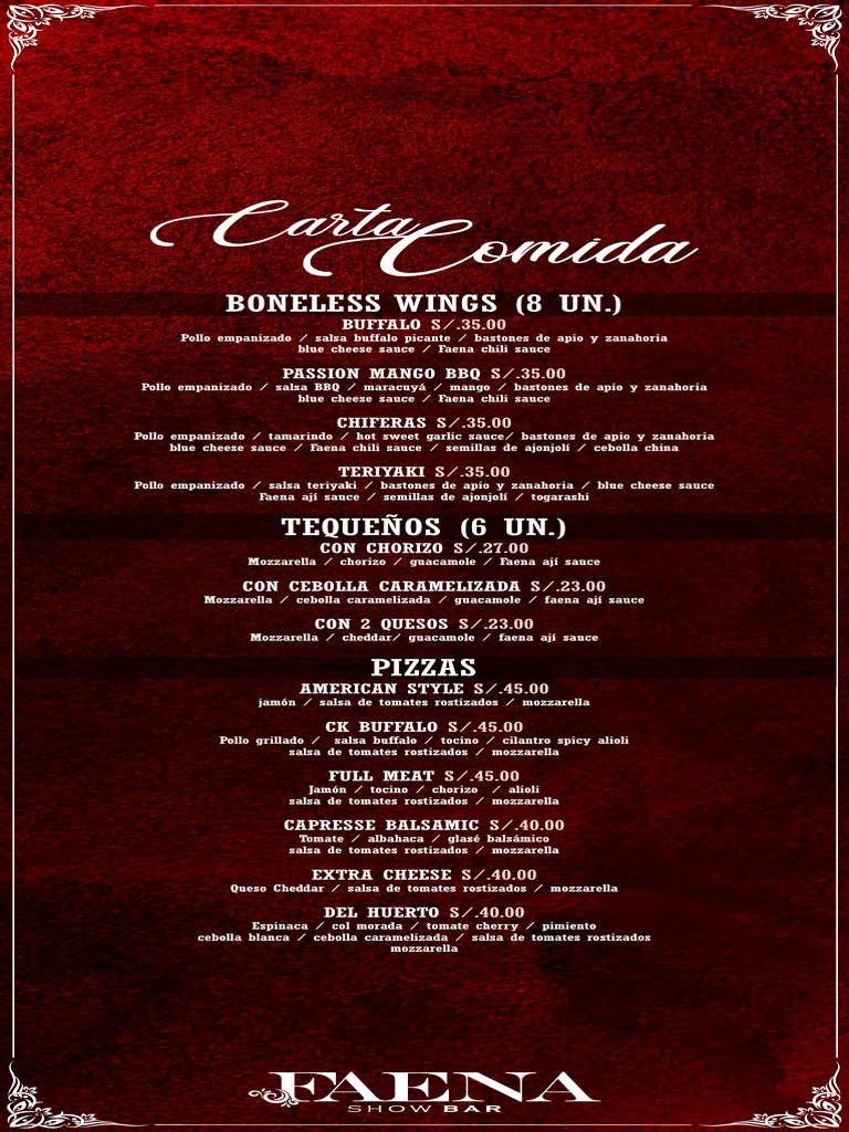 Carta Faena Piqueos y Bebidas | PDF | Alimentos | Cocina