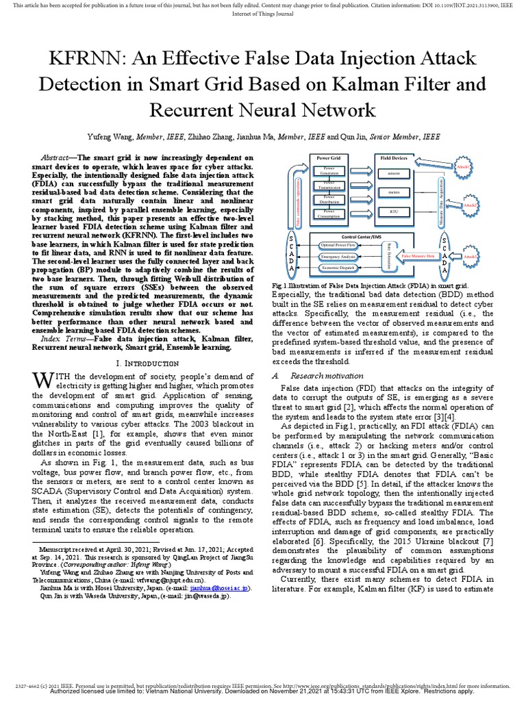 Kfrnn An Effective False Data Injection Attack Detection In Smart Grid Based On Kalman Filter
