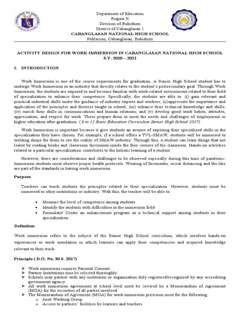Work Immersion Plan for Cabanglasan National HS | PDF | Teachers ...