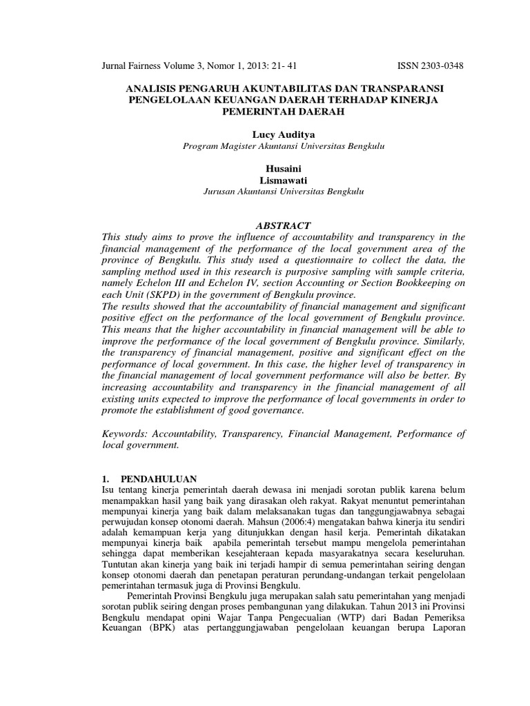 Analisis Pengaruh Akuntabilitas Dan Transparansi Pengelolaan Keuangan Daerah Terhadap Kinerja ...