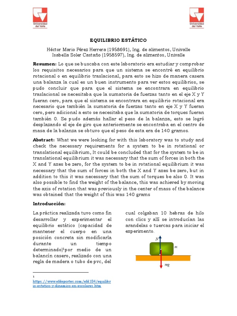 Informe Equilibrio Estatico | PDF | Metrología | Masa