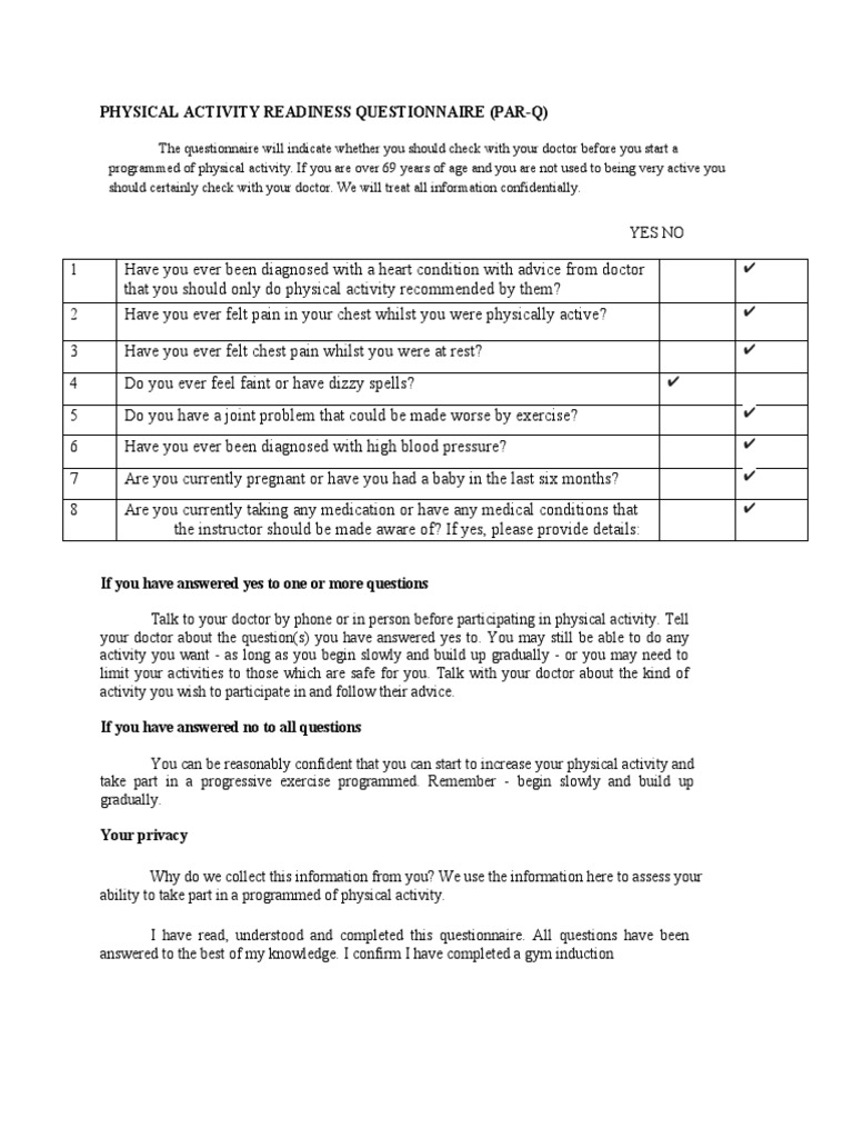 Physical Activity Readiness Questionnaire (Par-Q) | PDF | Pain | Dances