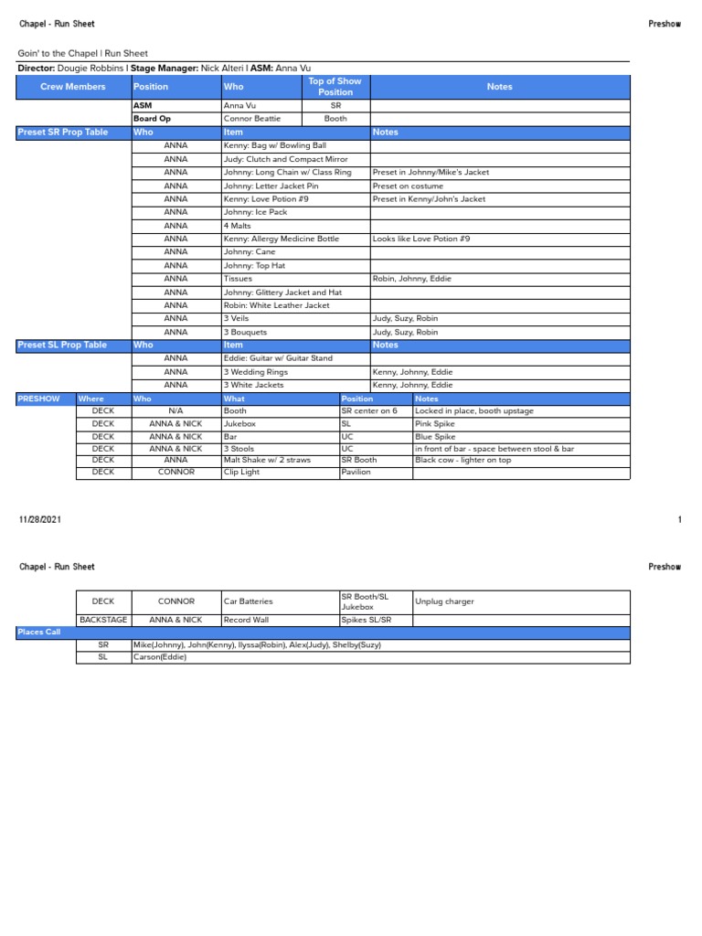Chapel - Run Sheet | PDF