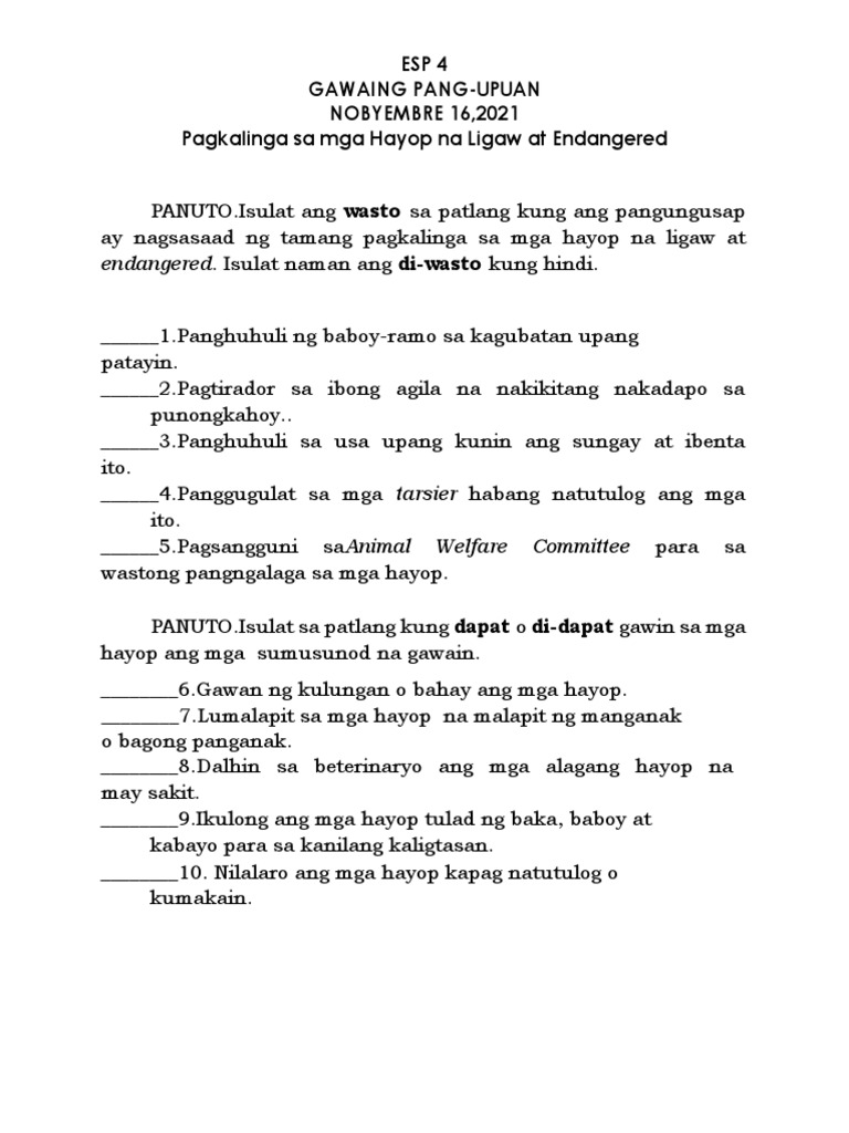 ESP 4 Pagkalinga Sa Mga Hayop Na Ligaw at Endangered | PDF