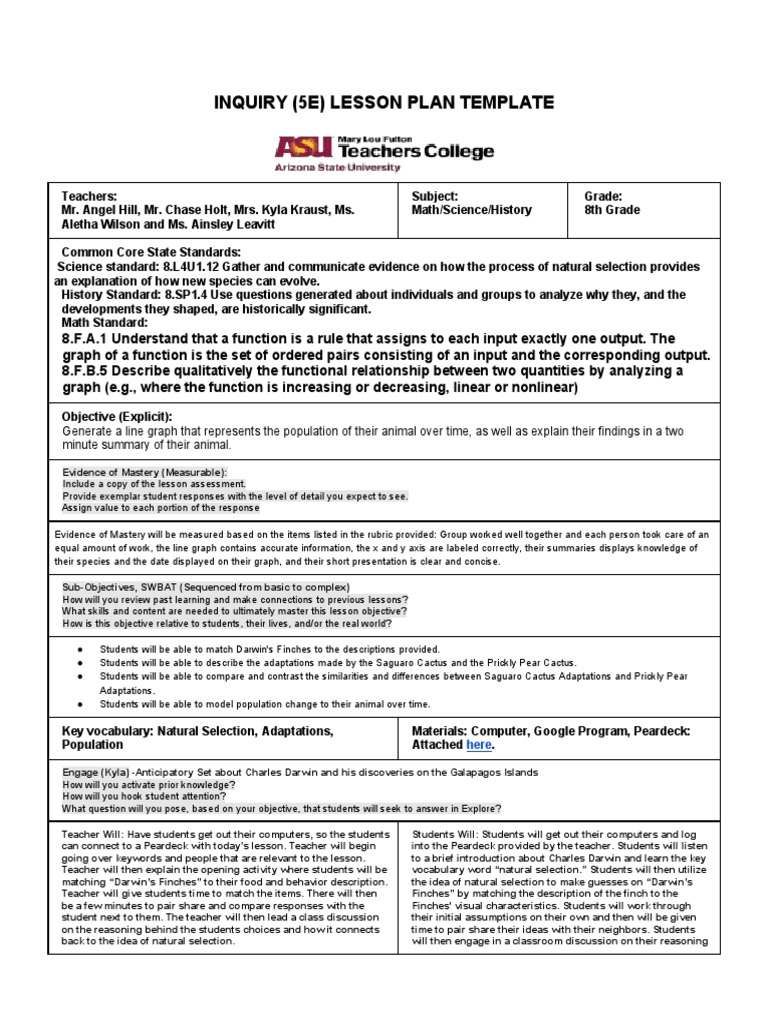 8th Grade Inquiry Lesson Plan Template | PDF | Teachers | Learning