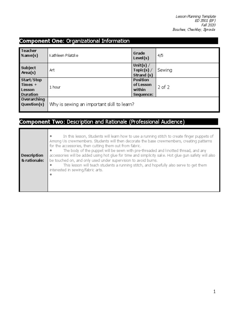 4th/5th Grade Sewing Lesson Plan | PDF | Sewing | Learning