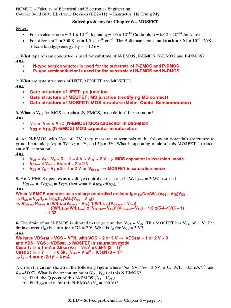 SSED Solved Problems For Chapter 6 | PDF | Field Effect Transistor | Mosfet SSED Solved Problems For Chapter 6 | PDF | Field Effect Transistor | Mosfet