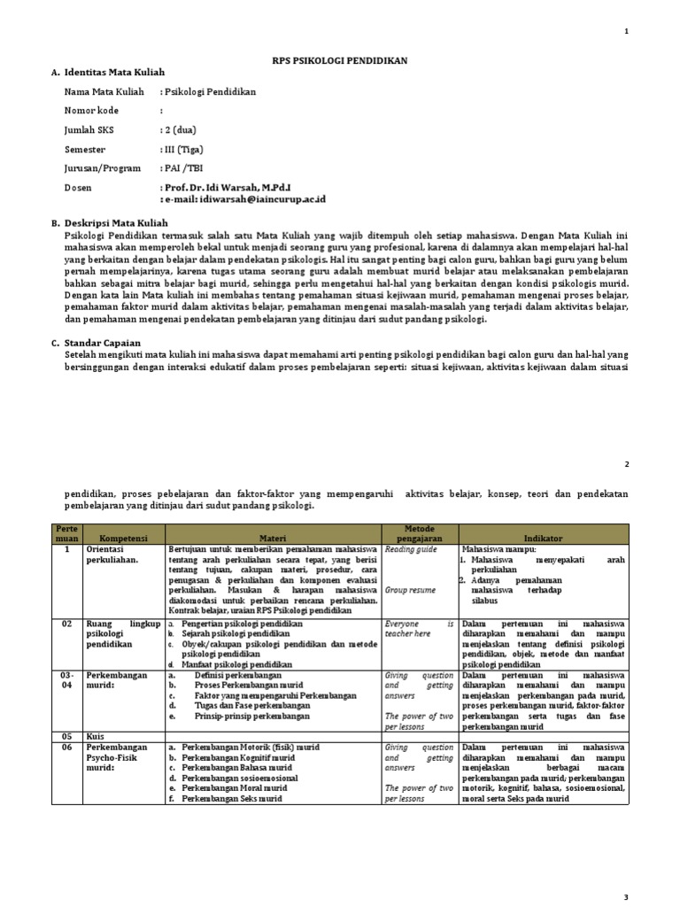 RPS Psikologi Pendidikan | PDF