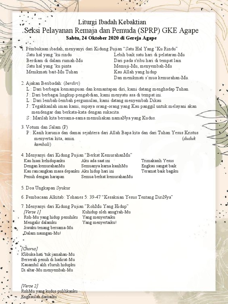 Liturgi Ibadah Kebaktian SPPR 24 Oktober 2020 | PDF | Seni & Disiplin Bahasa | Agama & Spiritualitas
