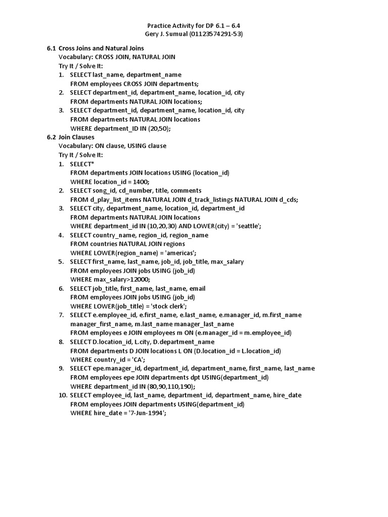 SQL Joins Practice: Cross, Natural, and Outer Joins | PDF | Sql | Databases