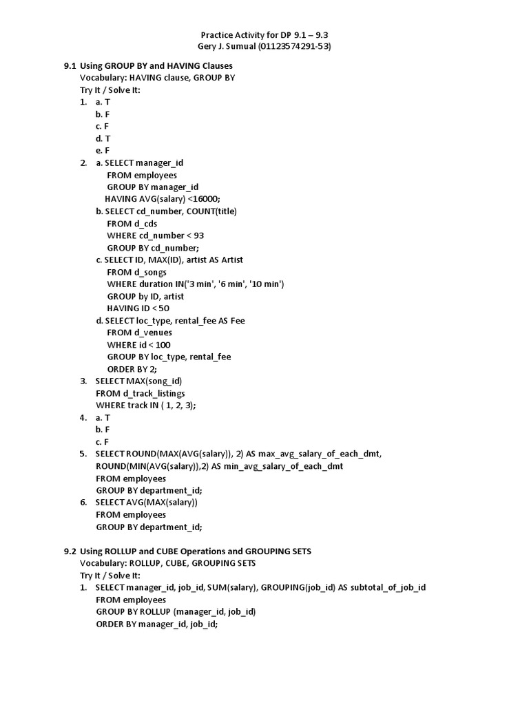 DP9 Practice Activities - Answers | PDF | Logic | Databases