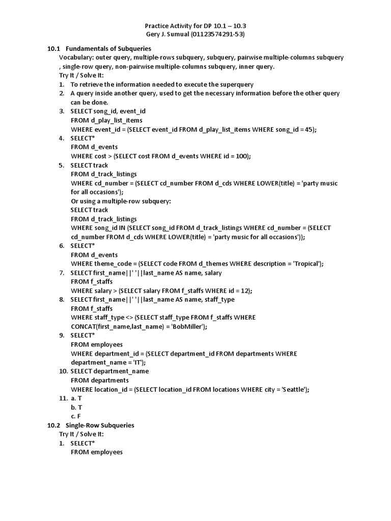 Subquery Practice Activities DP 10.1-10.3 | PDF | Data Management ...