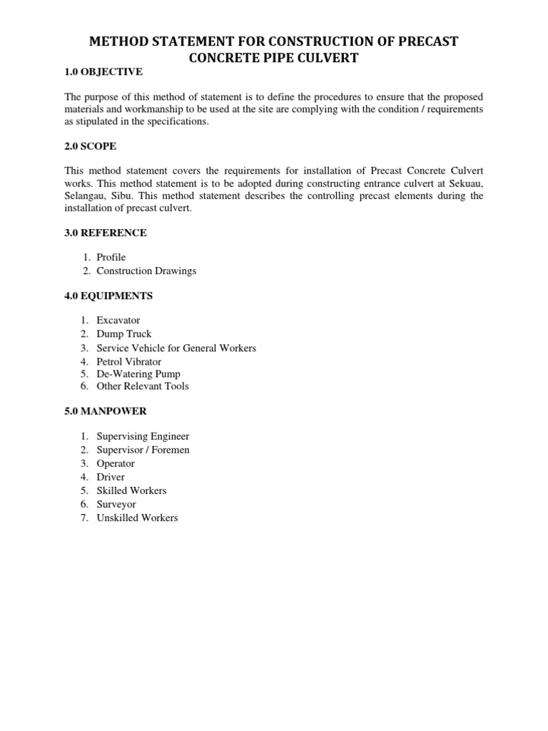 Method Statement For Construction of Precast Concrete Pipe Culvert ...