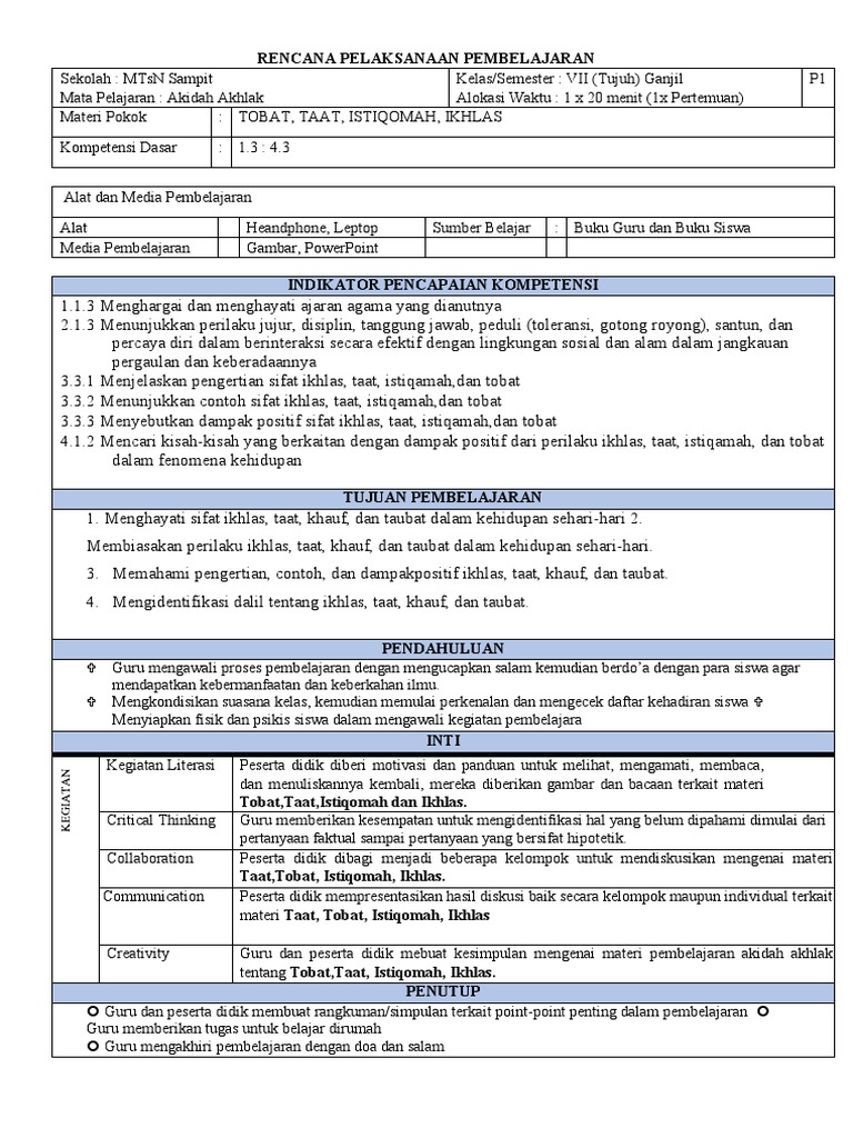 (rpp1) Akidah Akhlak RENCANA PELAKSANAAN PEMBELAJARAN | PDF