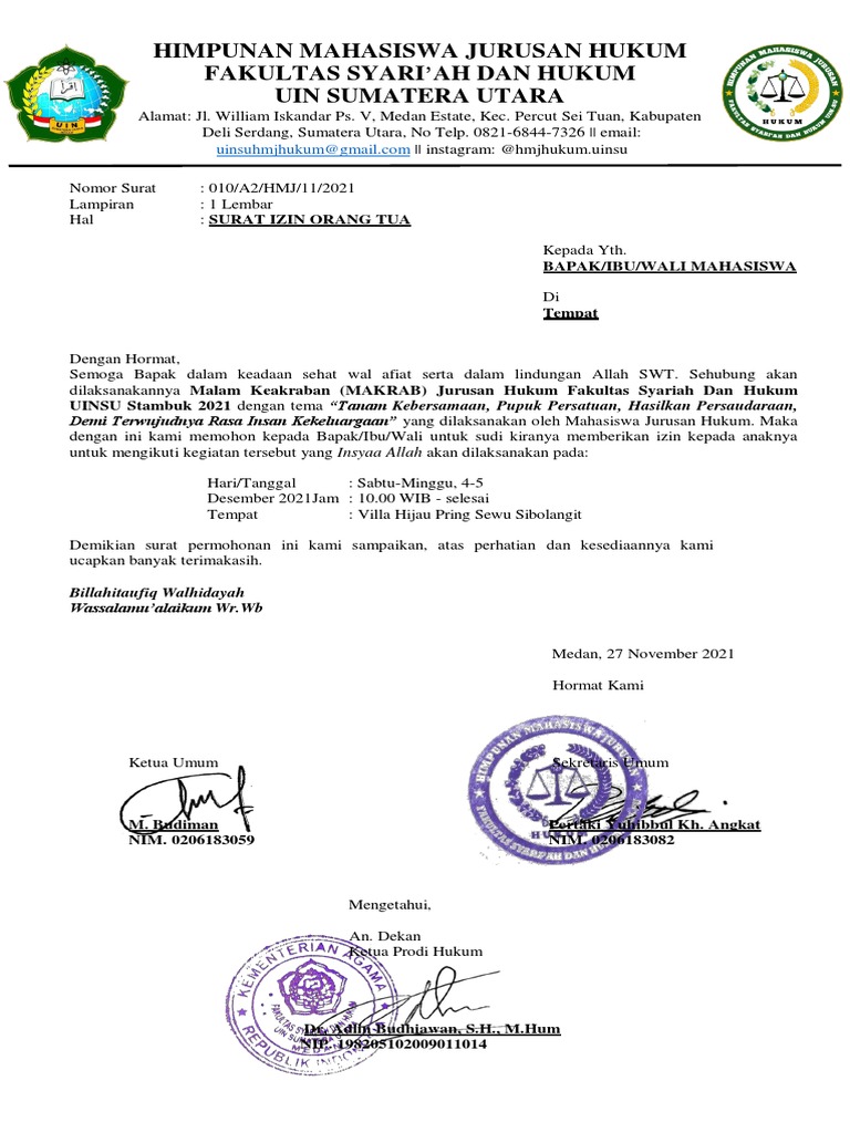 Surat Izin Orang Tua Makrab | PDF
