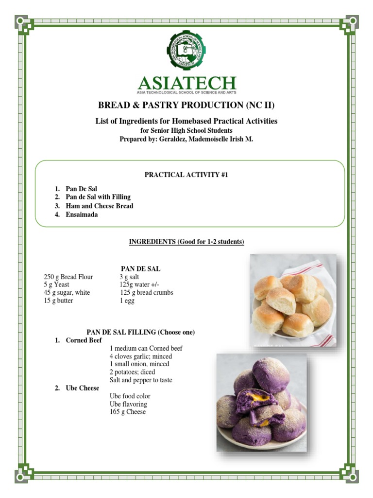 Homebased baking practical activities ingredients | PDF | Breads | Cakes