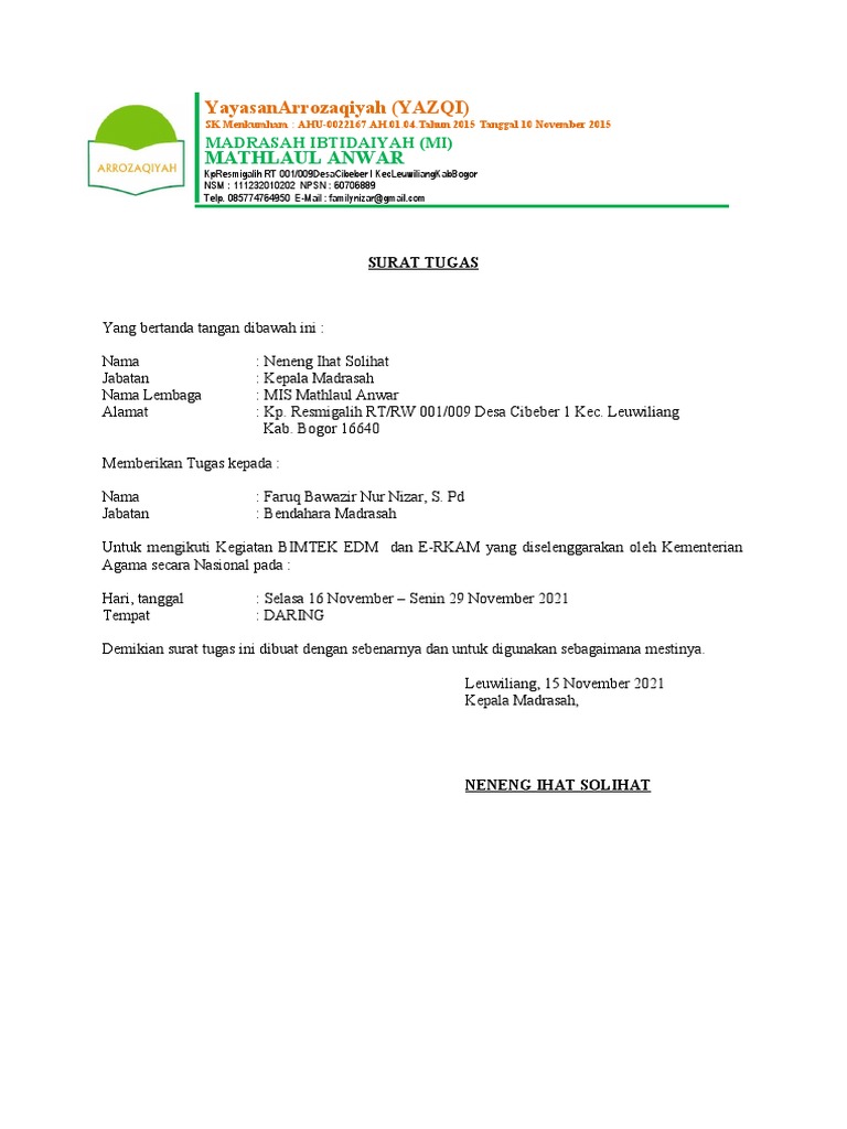 Surat Tugas Bimtek Edm Erkam | PDF