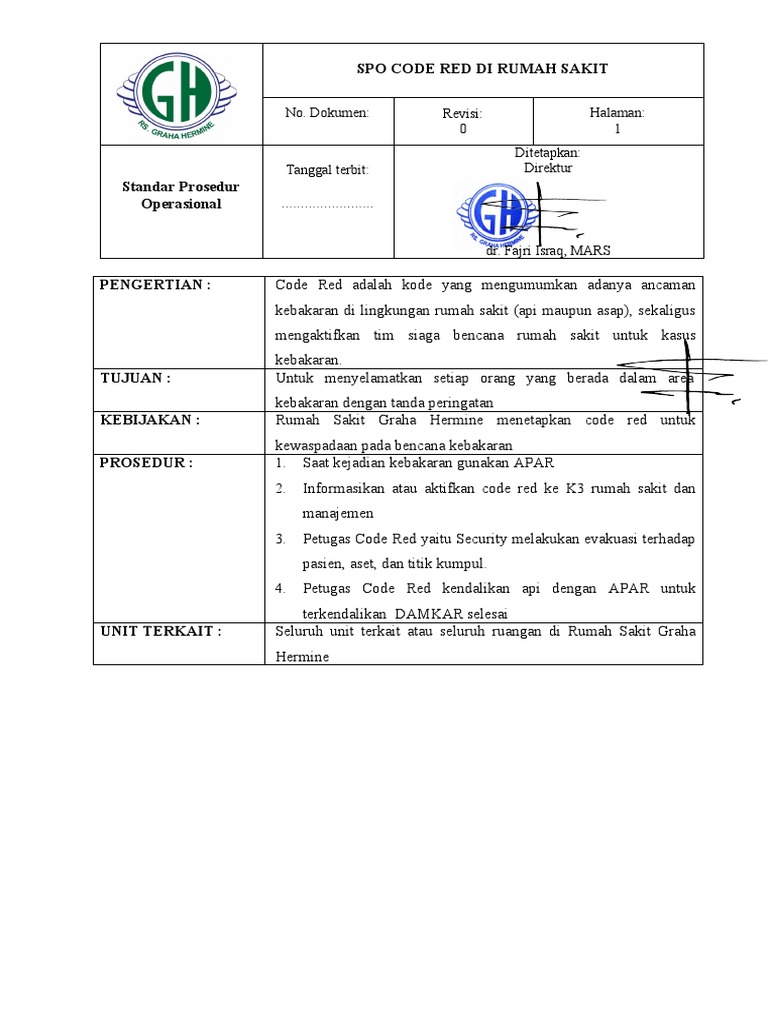 Spo Code Red Di Rumah Sakit Pokja MFK TGL 8 Mei 2018 | PDF