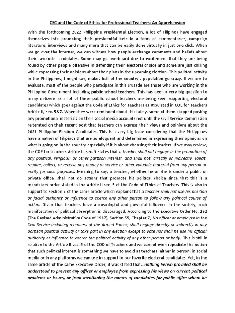 CSC and The Code of Ethics For Professional Teachers: An Apprehension ...