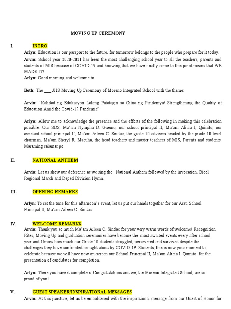 Moving Up Ceremony Script 2020-2021 | PDF