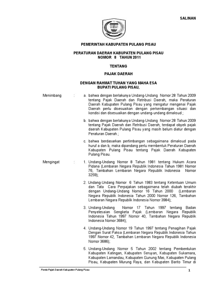 Perda Nomor 8 THN 2011 Tentang Pajak Daerah | PDF
