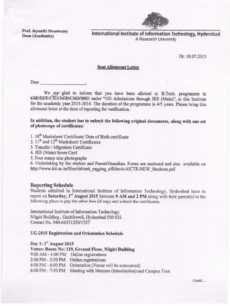 CSD Seat Allotment Letter 2015 | PDF