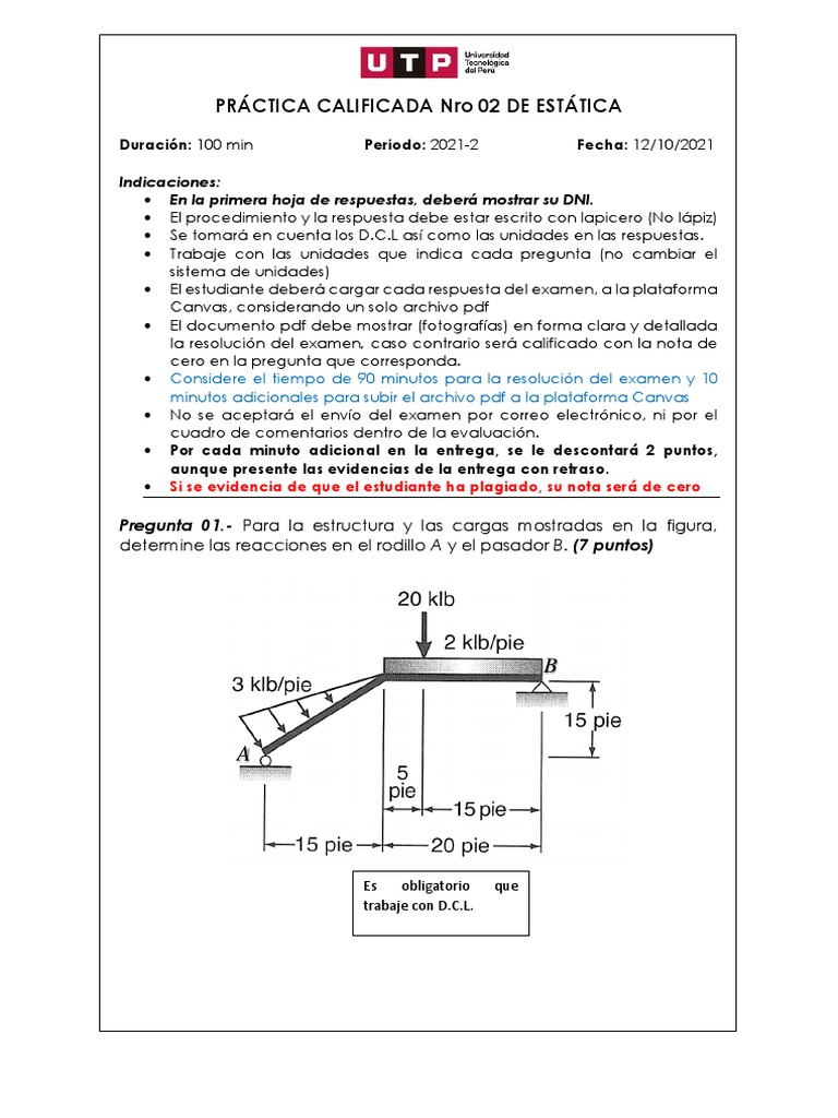 Práctica Calificada Nro 02 de Estática 2021-2 | PDF