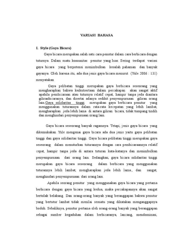 Variasi Gaya Bicara dan Masyarakat Tutur | PDF | Ilmu Sosial | Seni ...