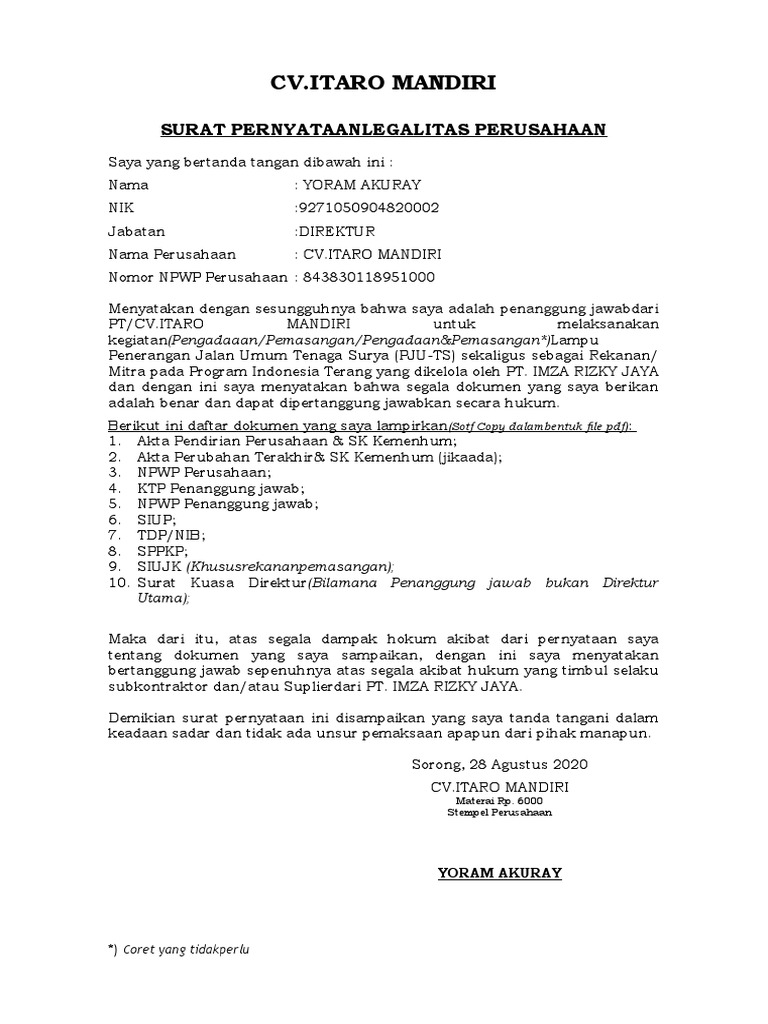 Form Pernyataan Kontrak Baru Data Legalitas & Data Korespondensi | PDF