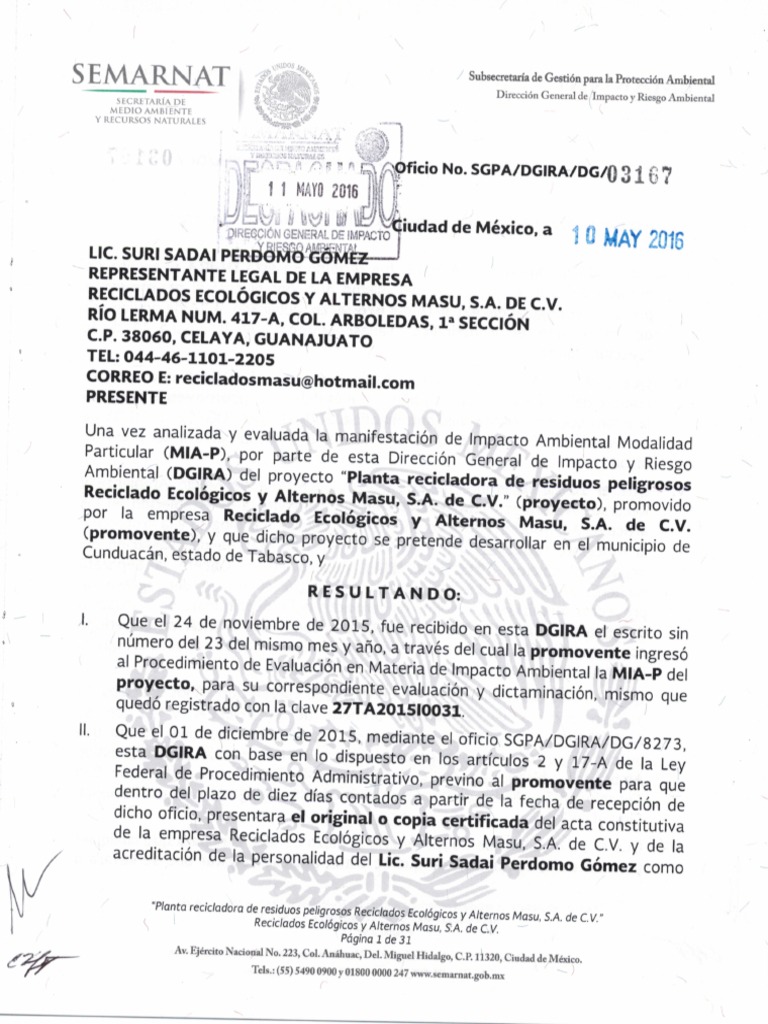 RECICLADOS ECOLOGICOS Y ALTERNOS MASU S.A. DE C.V. Resolutivo MIA ...