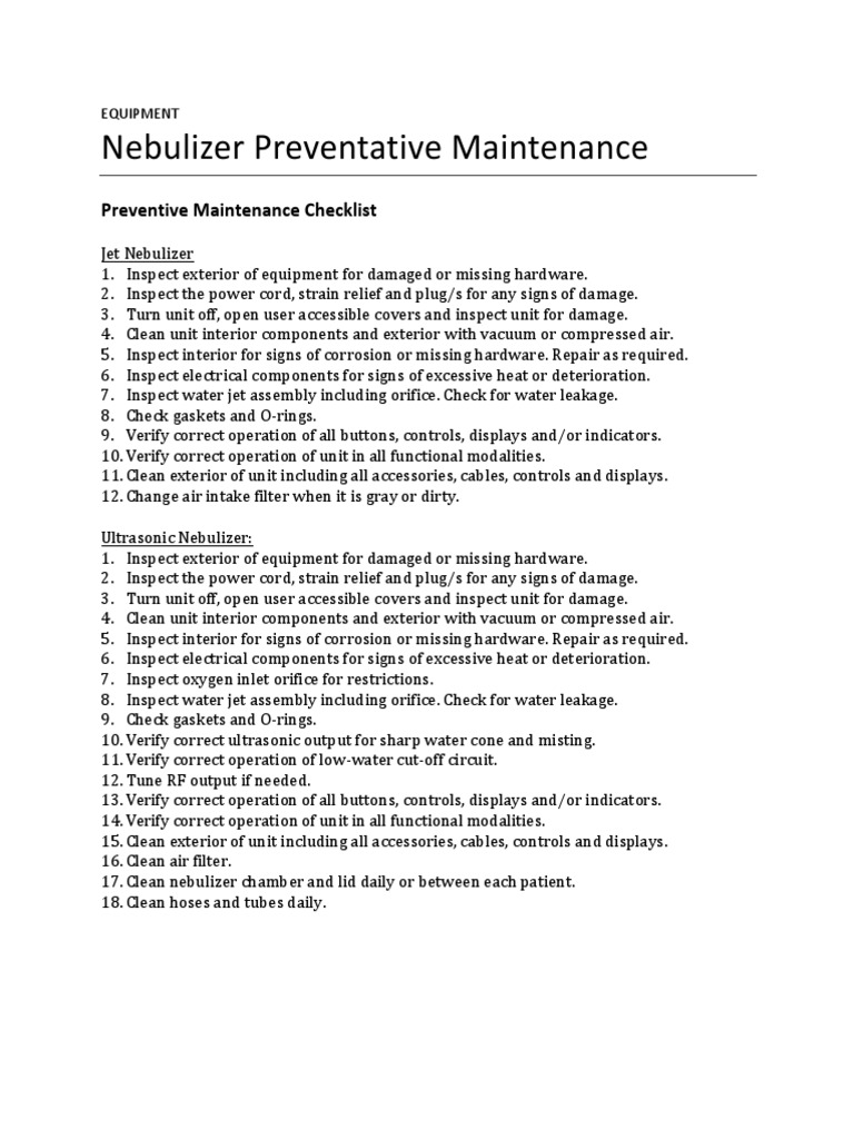 Nebulizer Preventative Maintenance | PDF | Equipment | Manufactured Goods