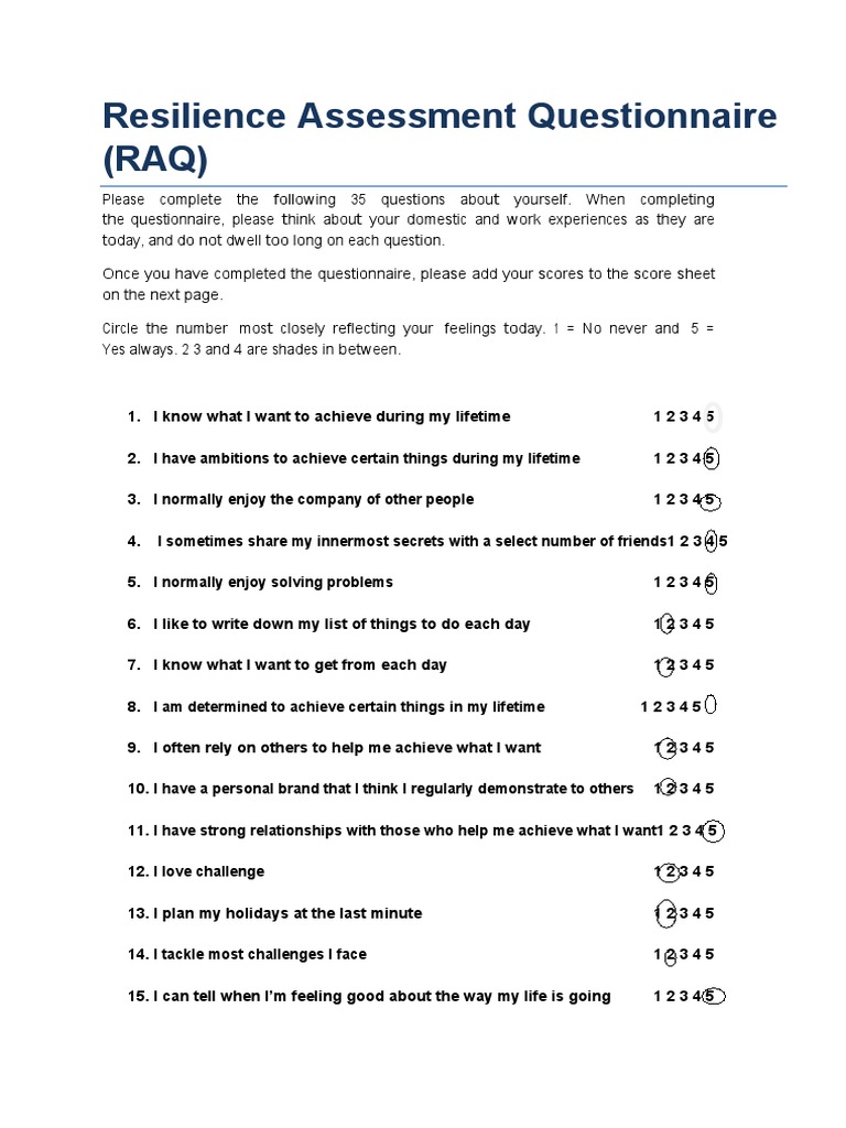 Resilience Assessment Questionnaire (RAQ) | PDF | Psychological ...