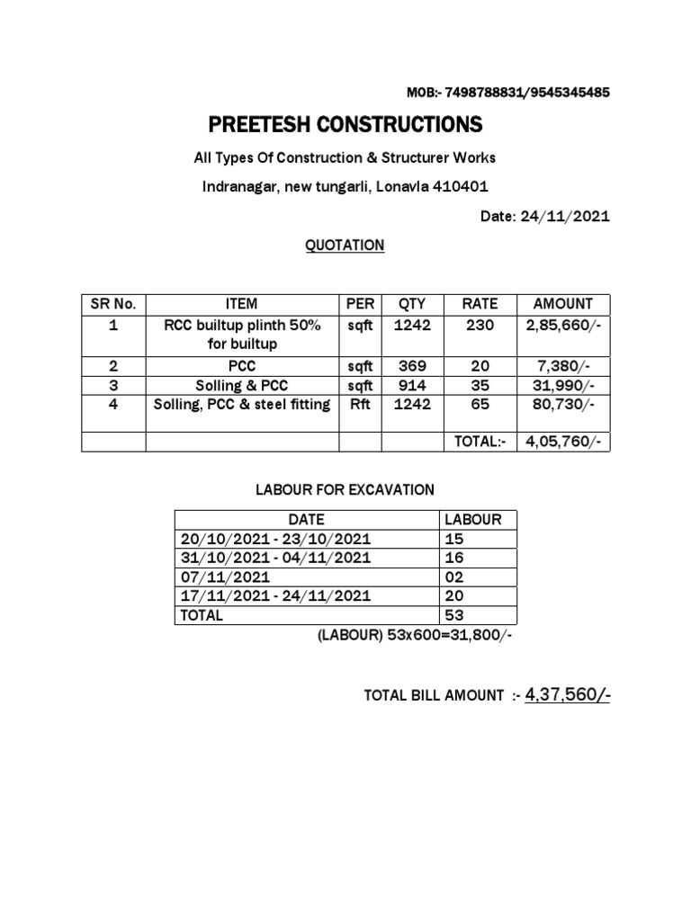 Construction Quotation for Preetesh Constructions | PDF