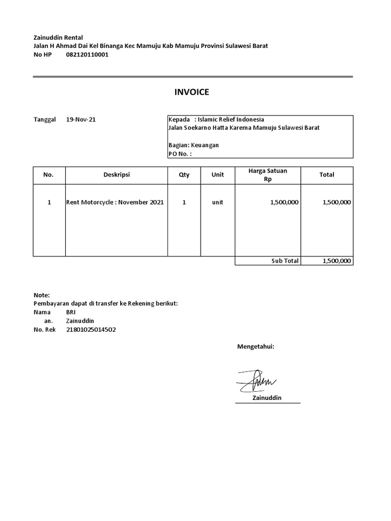 Invoice Sewa Motor November 2021 | PDF