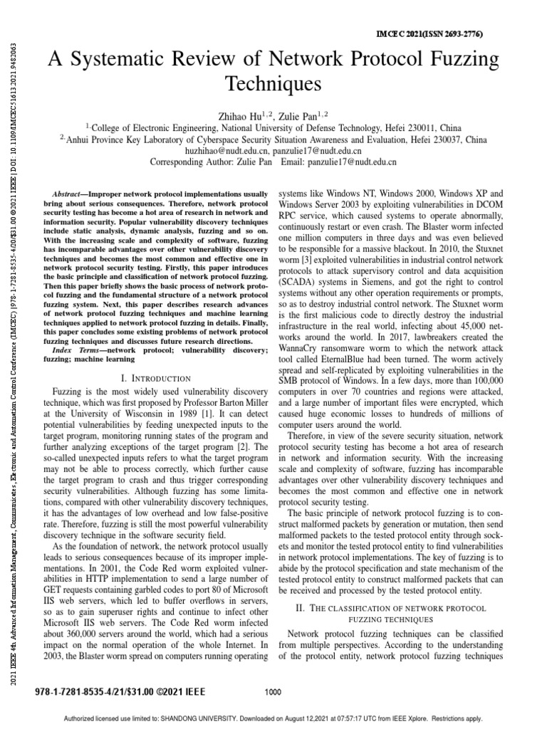 A Systematic Review Of Network Protocol Fuzzing Techniques Pdf Computer Network Computer