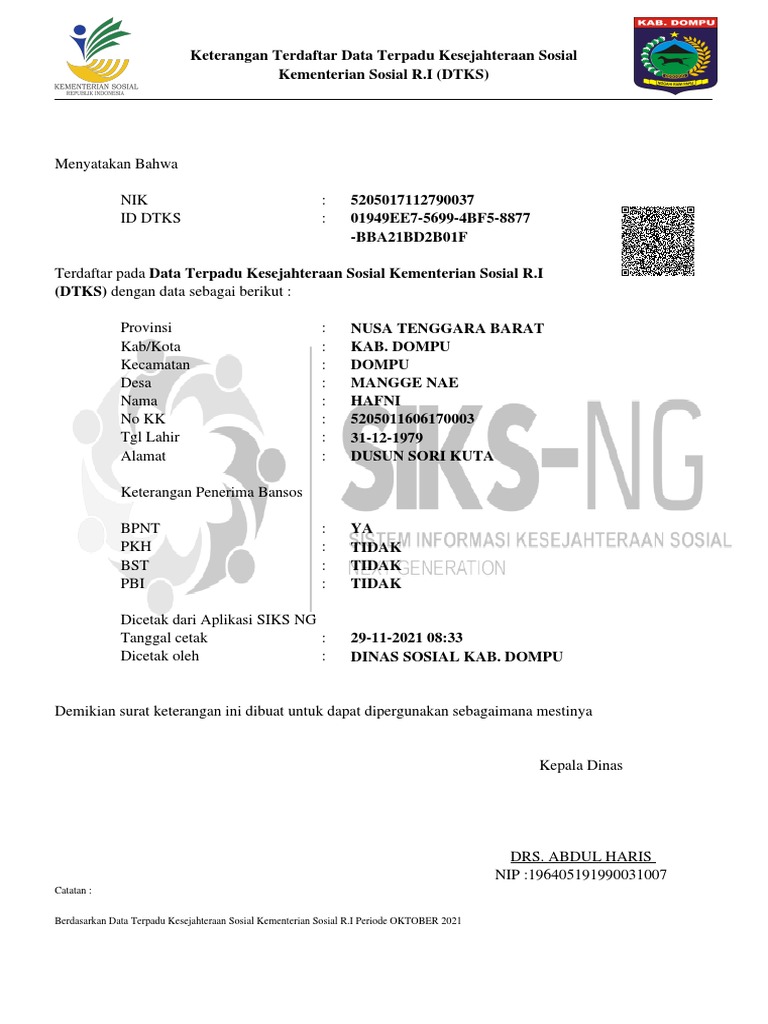 Surat Keterangan DTKS | PDF