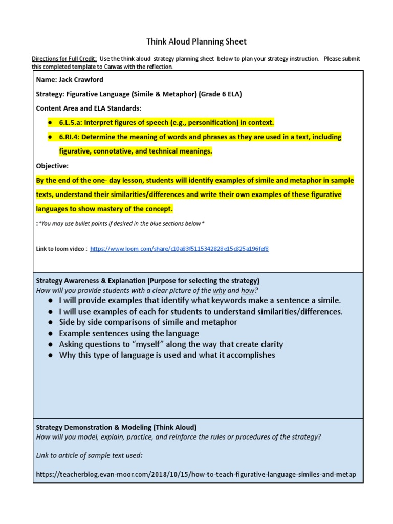 RDG 323 JC Think Aloud Strategy Planning Sheet 1 | PDF | Metaphor ...