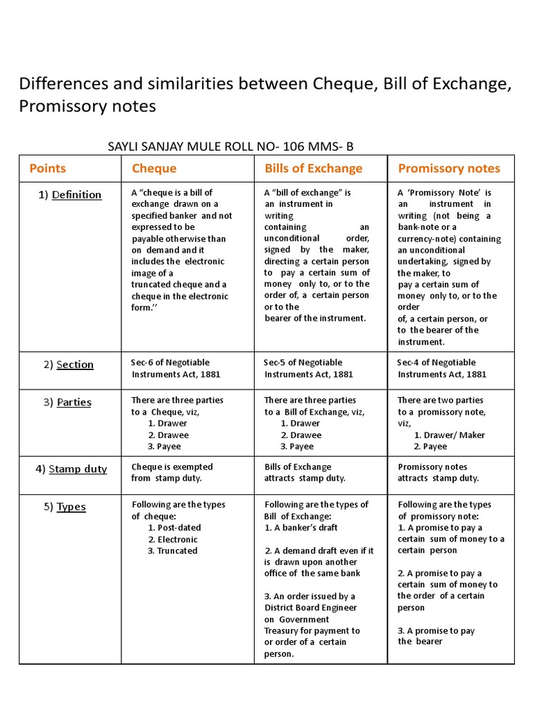 Differences and Similarities Between Cheque, Bill of Exchange ...