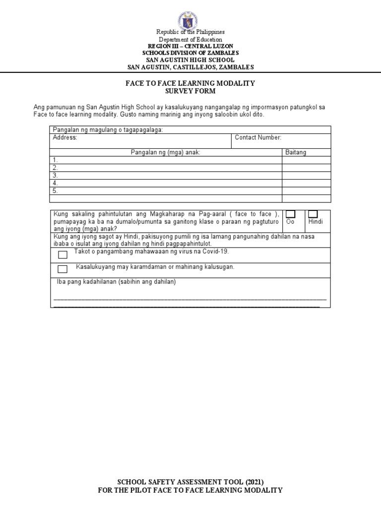 Face To Face Learning Modality Survey Form | PDF