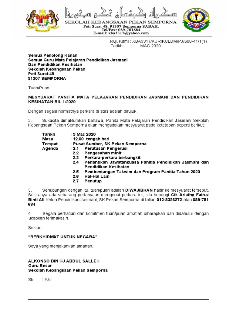 Contoh Surat Menyurat Panitia SKPS 2020 | PDF