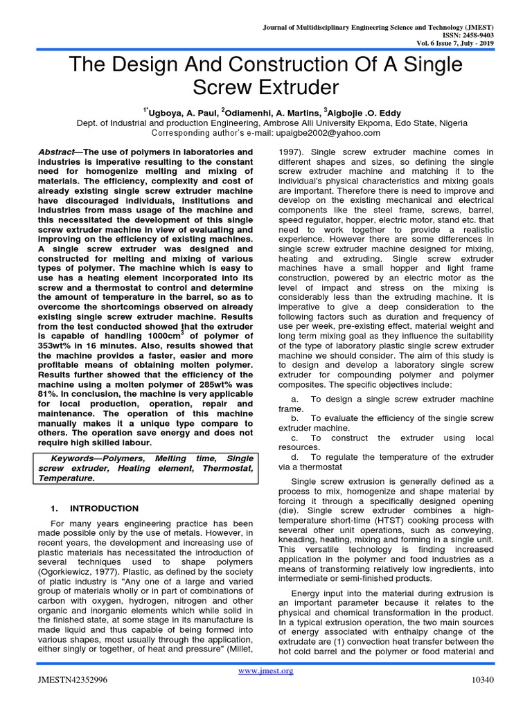 The Design and Construction of A Single Screw Extruder | PDF ...