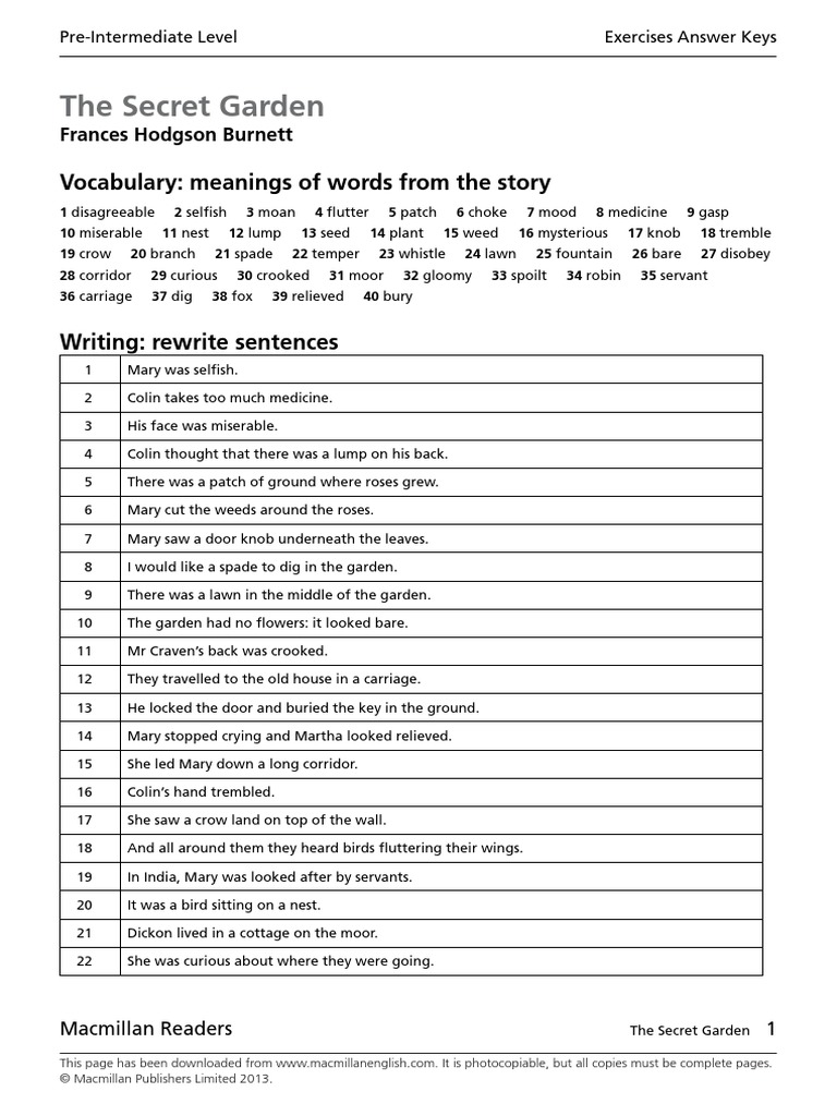 The SecretGardenExercises Answer Keys | PDF | The Secret Garden
