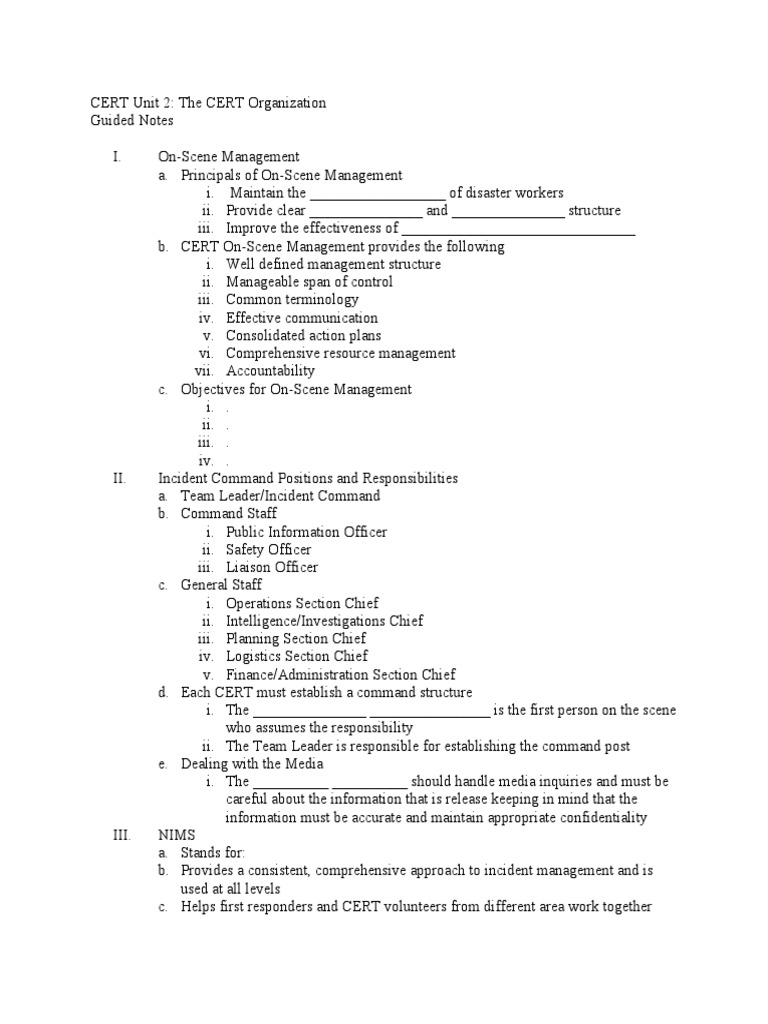 CERT Unit 2 Guided Notes | PDF | Incident Command System | Emergency ...