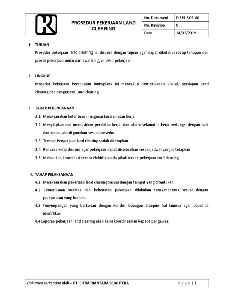 SOP Pekerjaan Pekerjaan Land Clearing | PDF