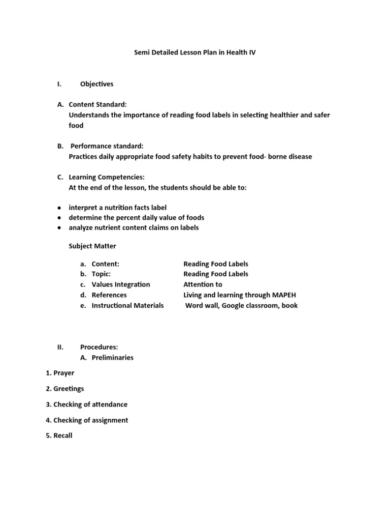 Semi Detailed Lesson Plan Inhealth IV | PDF