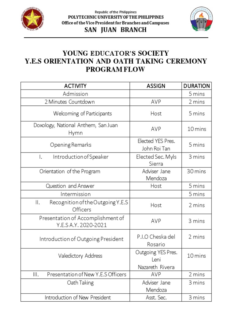 Young Educator'S Society Y.E.S Orientation and Oath Taking Ceremony Program Flow | PDF