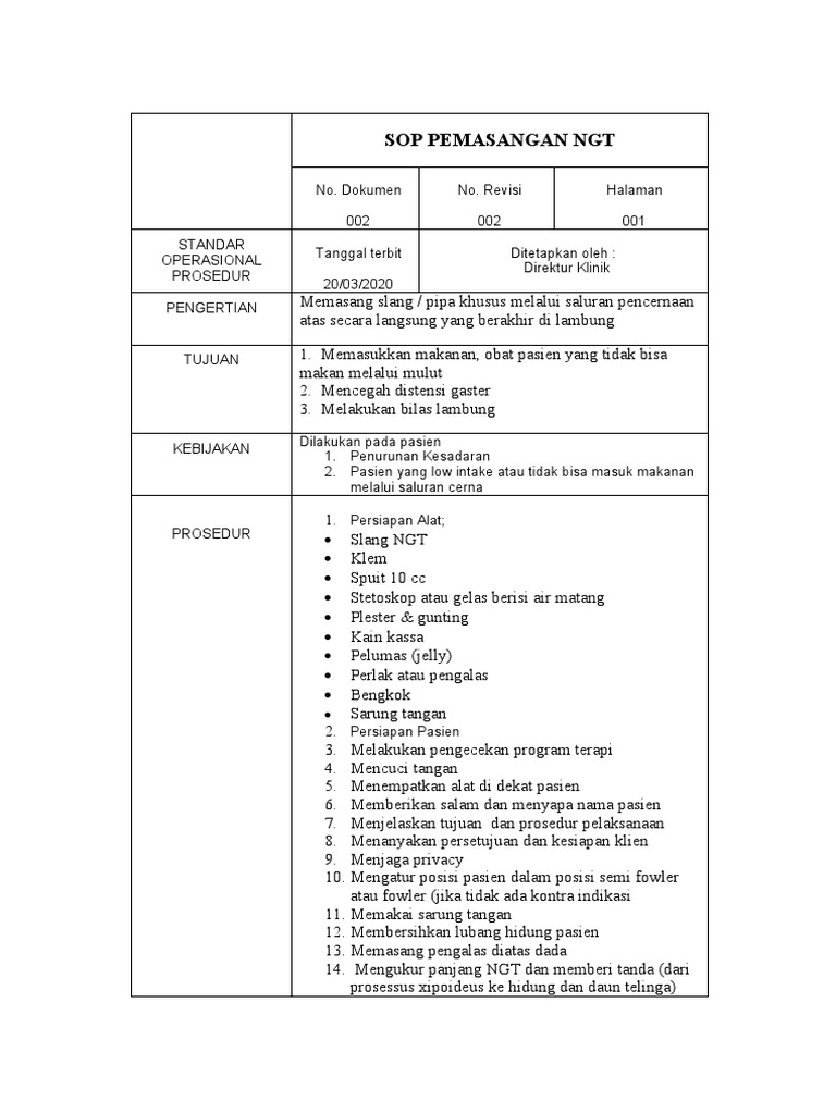 SOP Pemasangan NGT | PDF