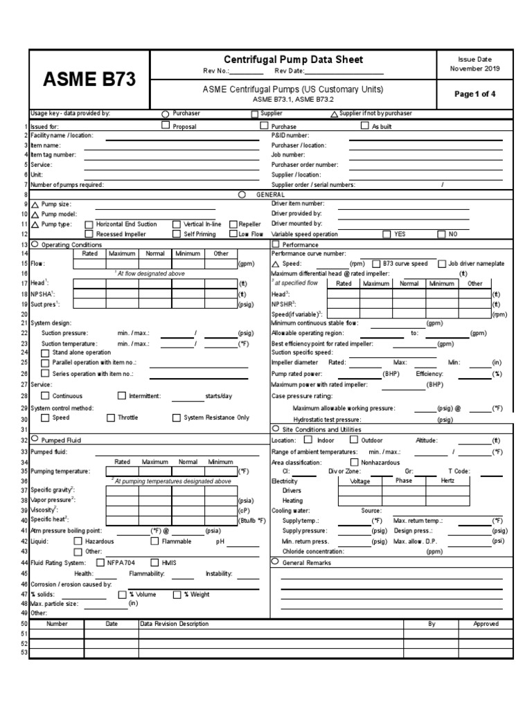 ASME B73.1 Centrifugal Pump Data Sheet | PDF | Pipe (Fluid Conveyance ...
